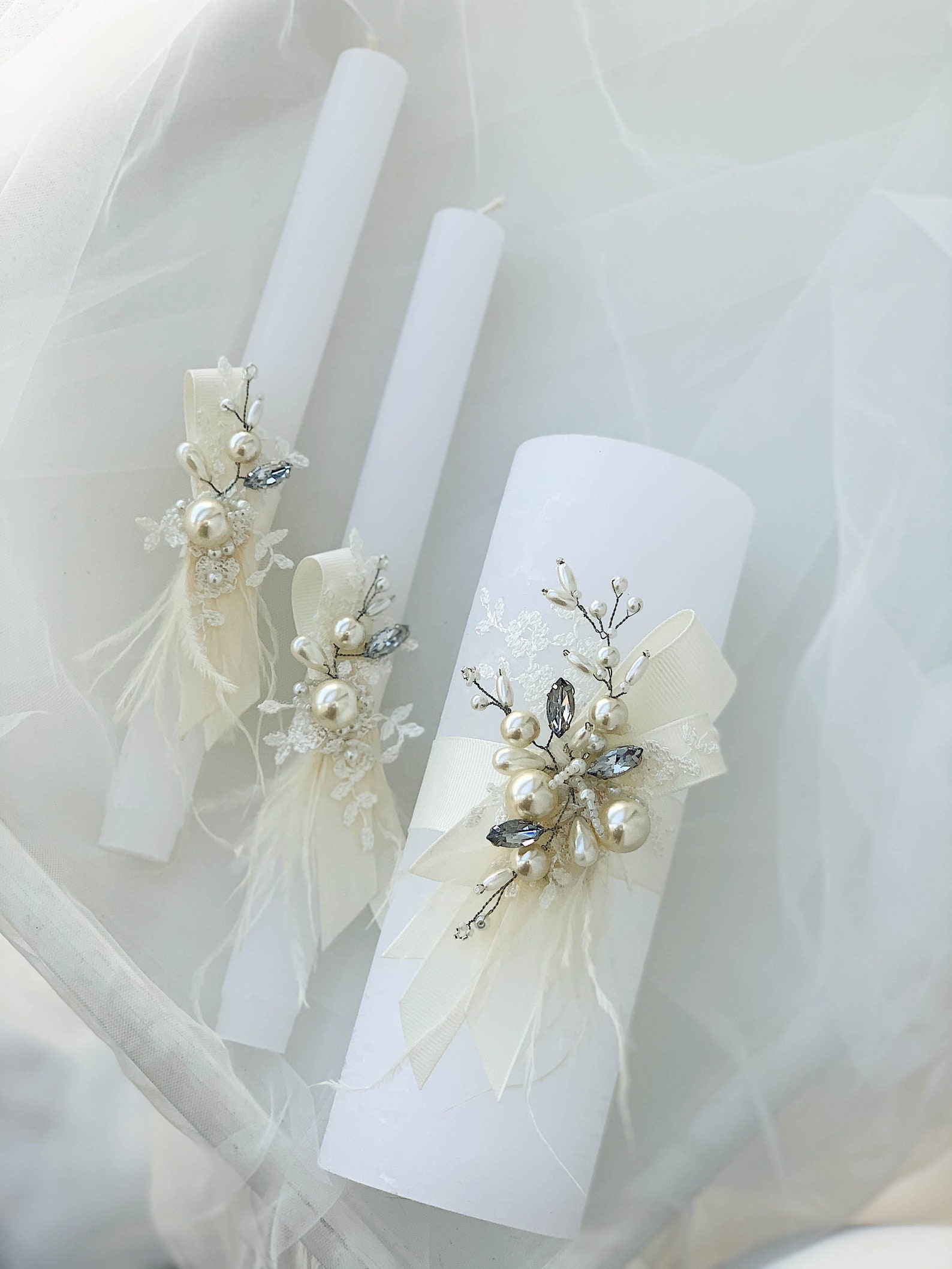Fancy Unity Candles Set With Jeweled Decor and Ostrich Feathers, Large ...