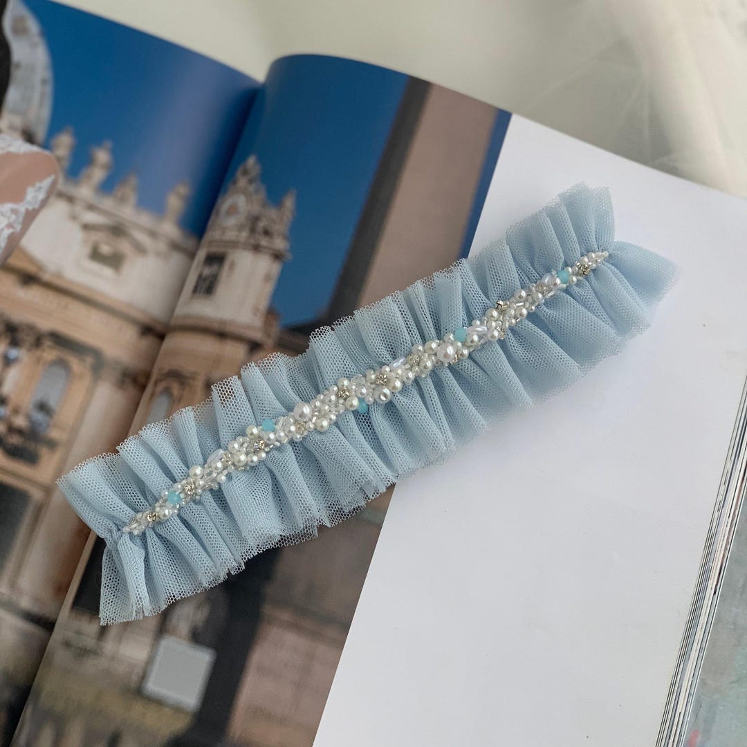 Blue Tulle Wedding Garter, Wide Frilled Bridal Pearl Garter, Something ...