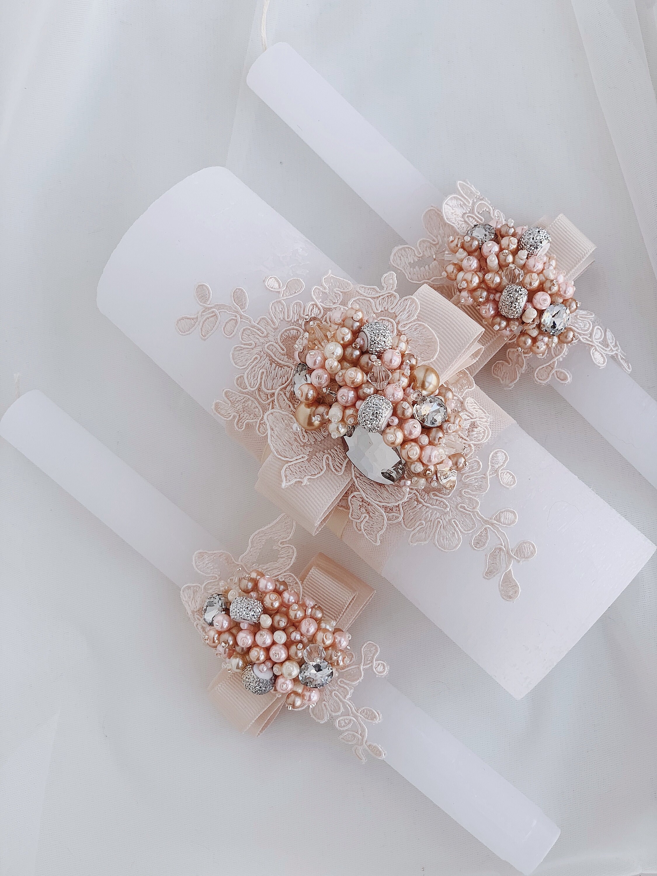 Rose gold Unity candles set with pearls and lace Decorated | Etsy