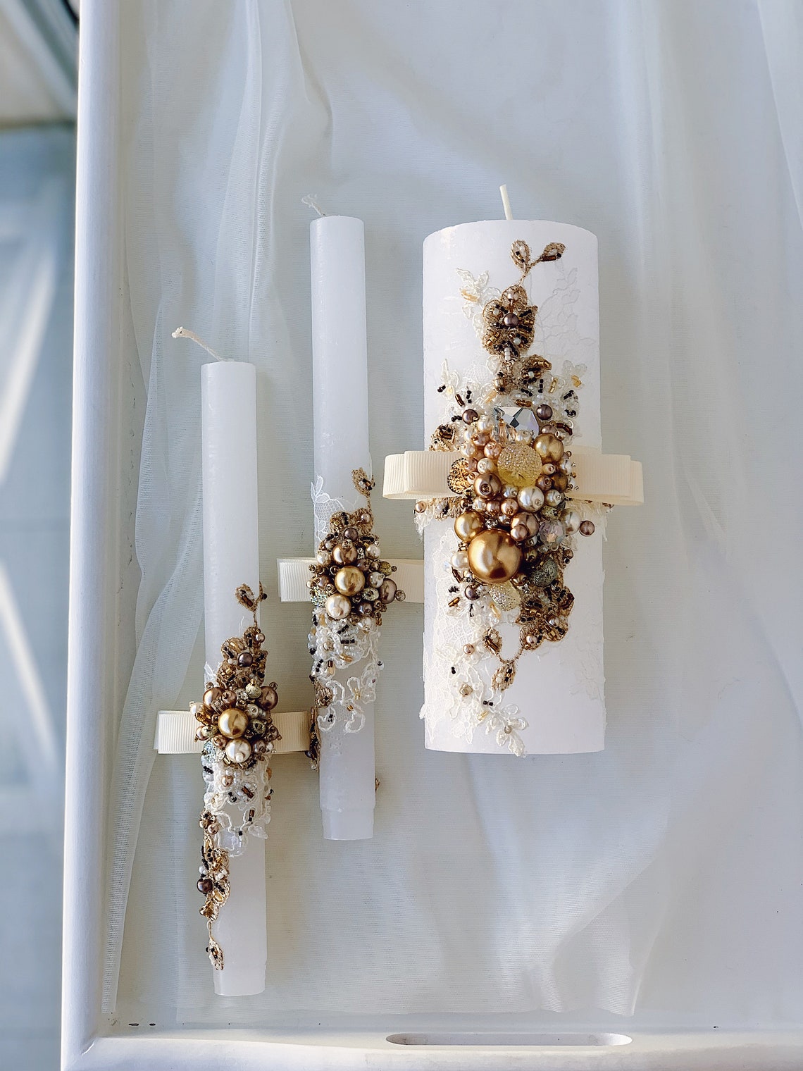 Fancy gold Unity candles set with pearls and lace Decorated | Etsy