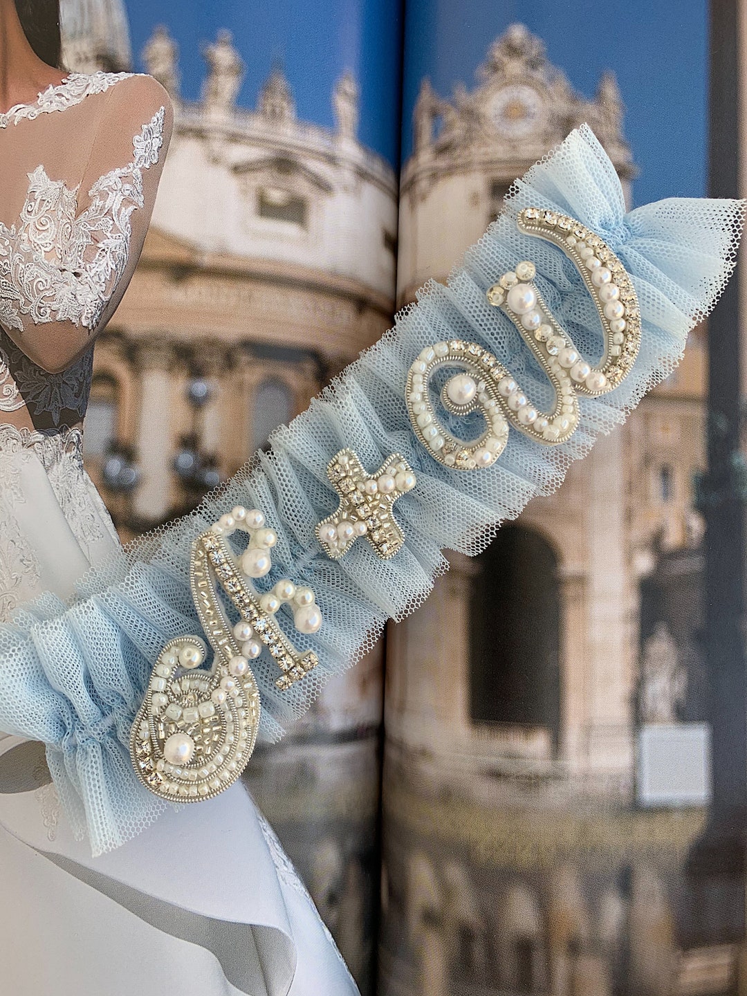 Personalized Blue Wedding Garter for Bride, Elegant Tulle Garter With ...