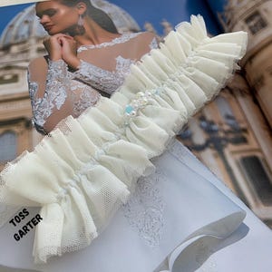 White Tulle Wedding Garter Set Jeweled With Pearls, Whimsical Ruffled ...