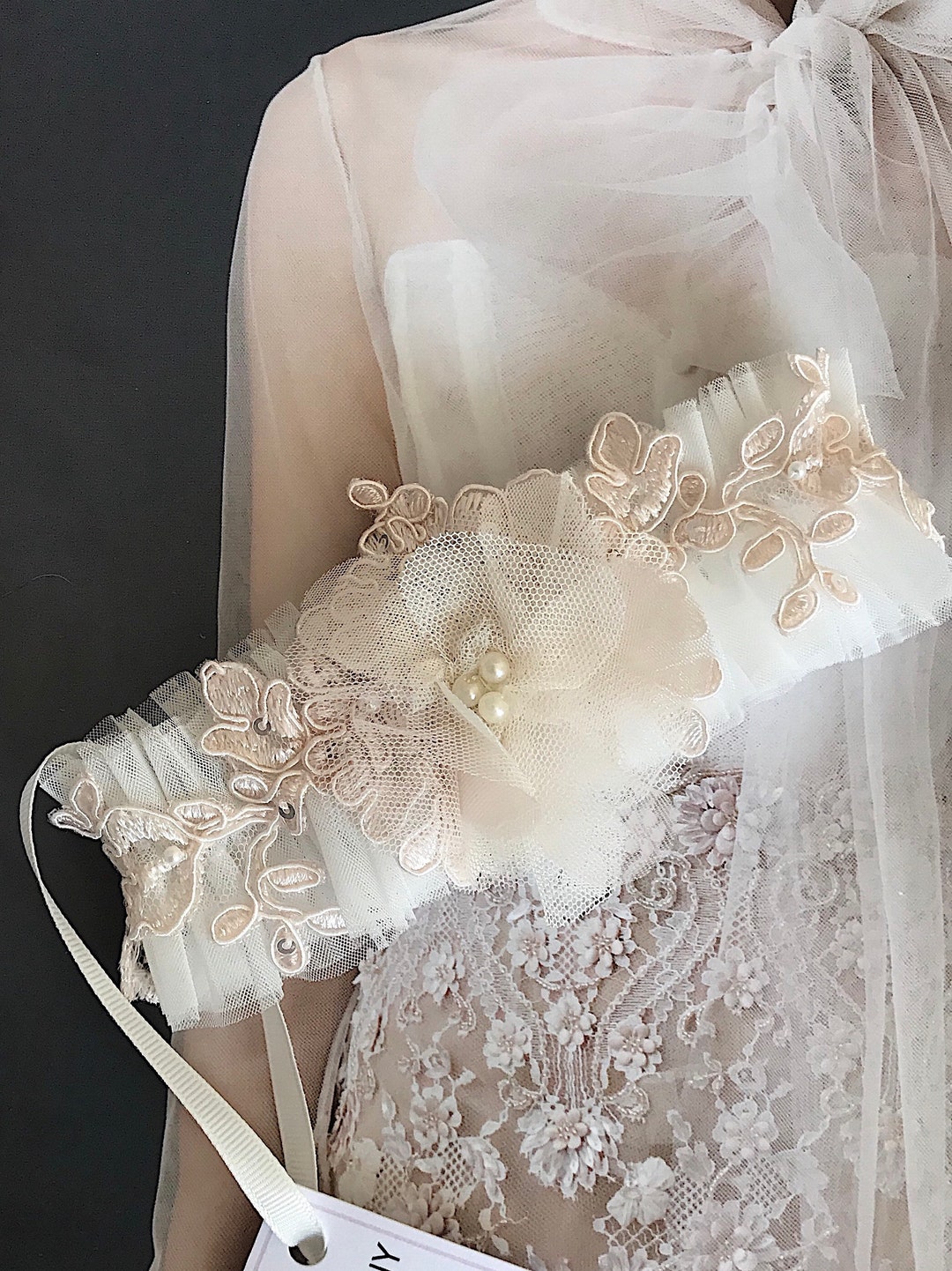 Rose Gold or White Tulle Wedding Garter Fancy Floral Lace - Etsy