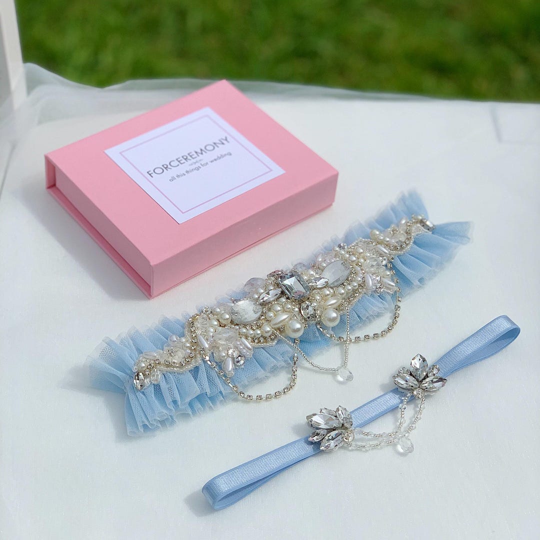 Elegant Blue Wedding Garter for Bride With Sparkly Crystals, Jeweled ...