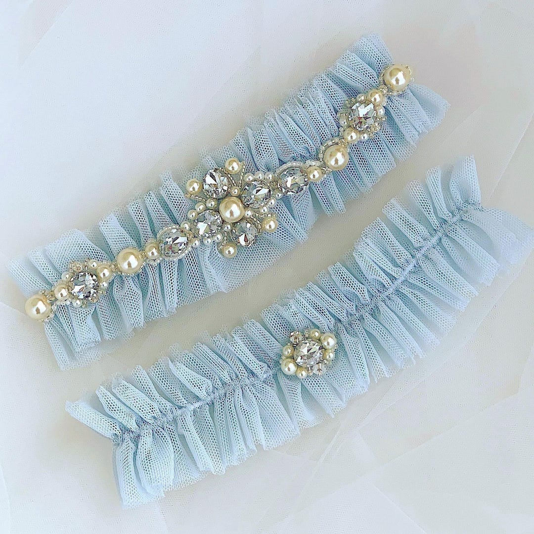Blue Tulle Wedding Garter Set, Elegant Wide Garter for Bride, Sparkling ...