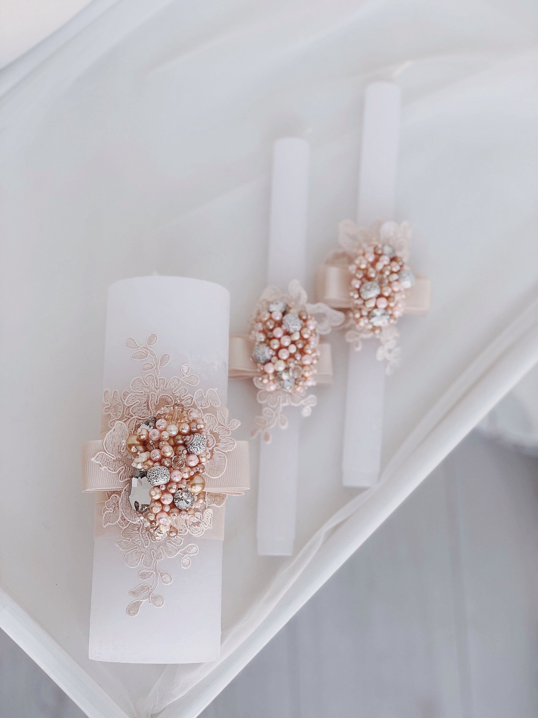 Rose gold Unity candles set with pearls and lace Decorated | Etsy