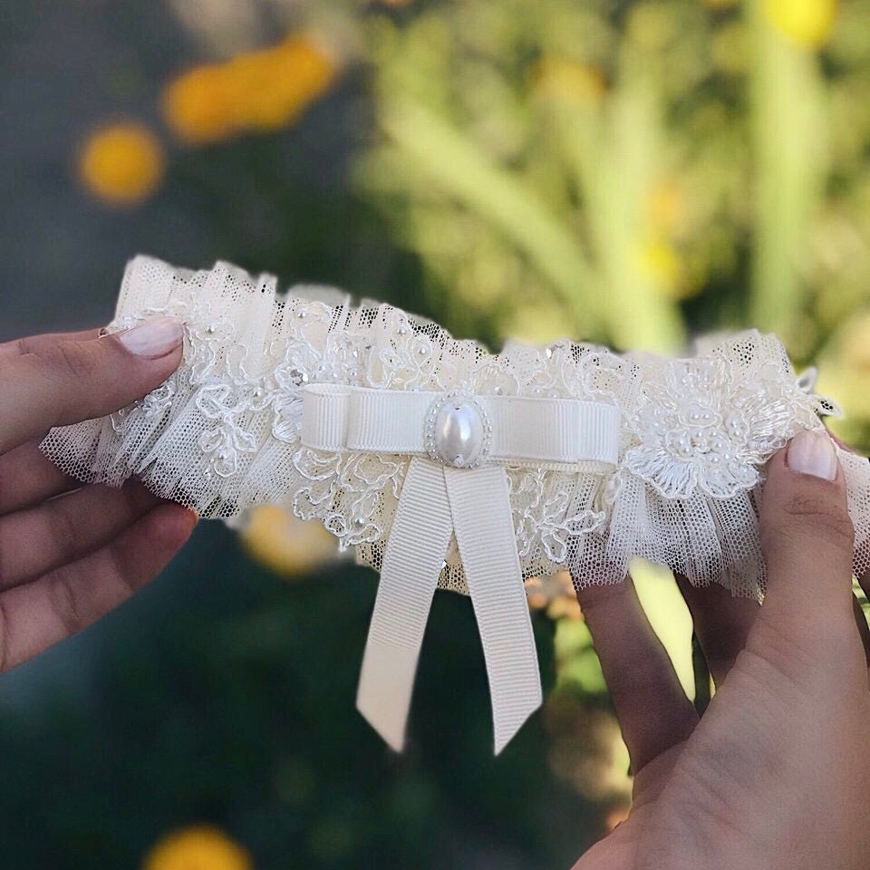 Whimsical Ivory Tulle Wedding Garter With Pearls, Fancy Frilled Lace ...