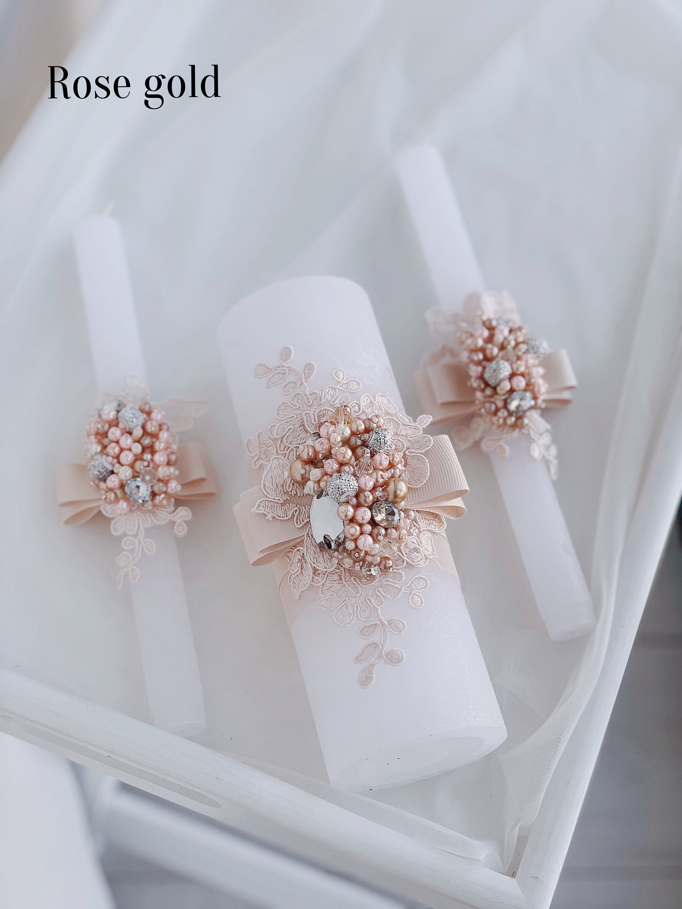 Rose gold Unity candles set with pearls and lace Decorated | Etsy