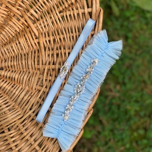 Something Blue Jeweled Tulle Garter Set for Wedding Ceremony, Wide ...