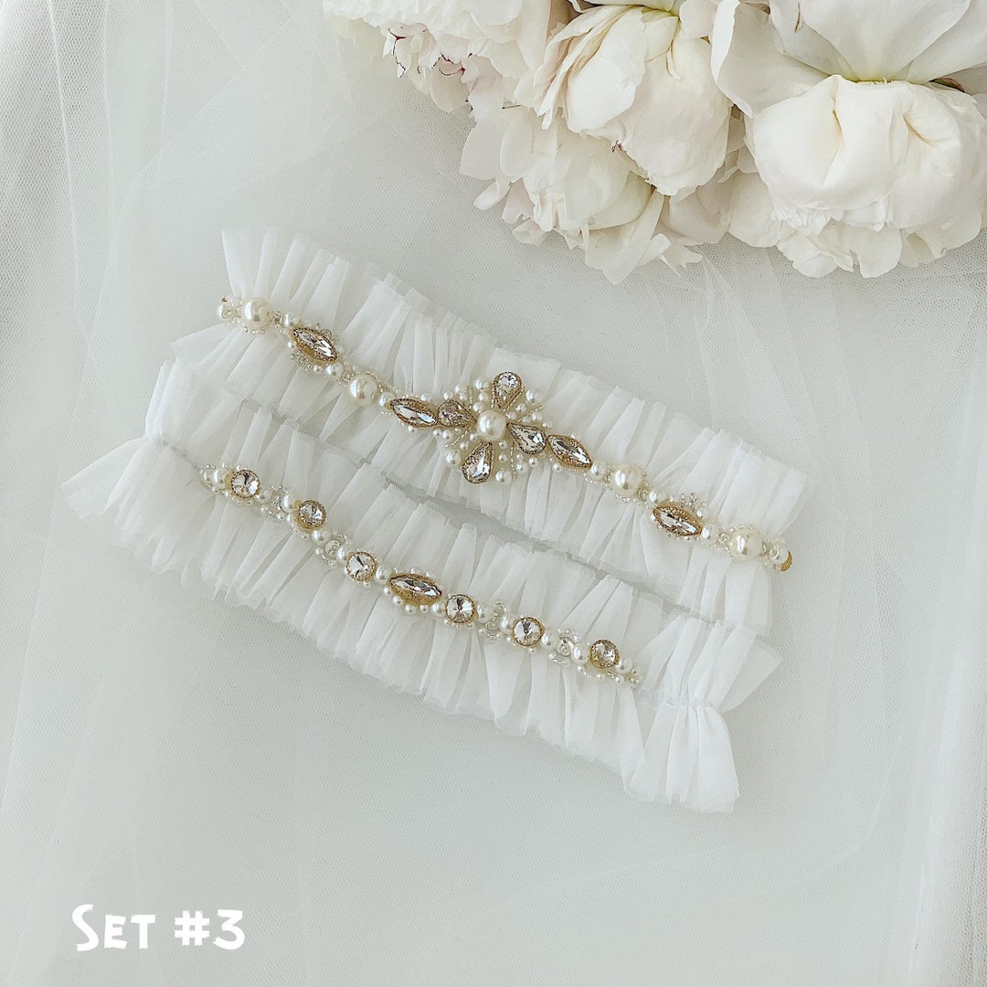 White Tulle Wedding Garter for Bride With Gold Crystals, Fancy Jeweled ...