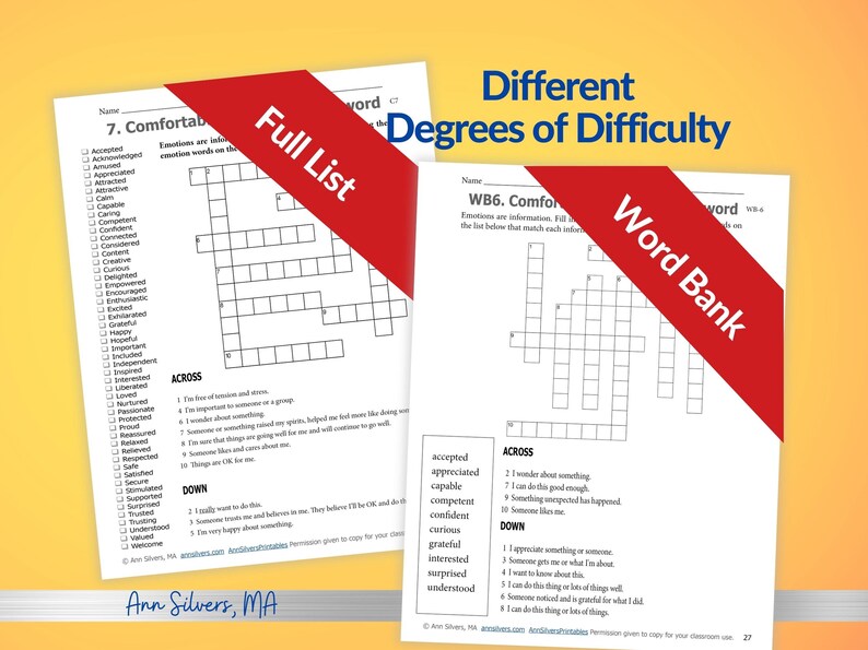Positive Emotions Crossword Worksheets: SEL Feelings Chart, Definitions ...