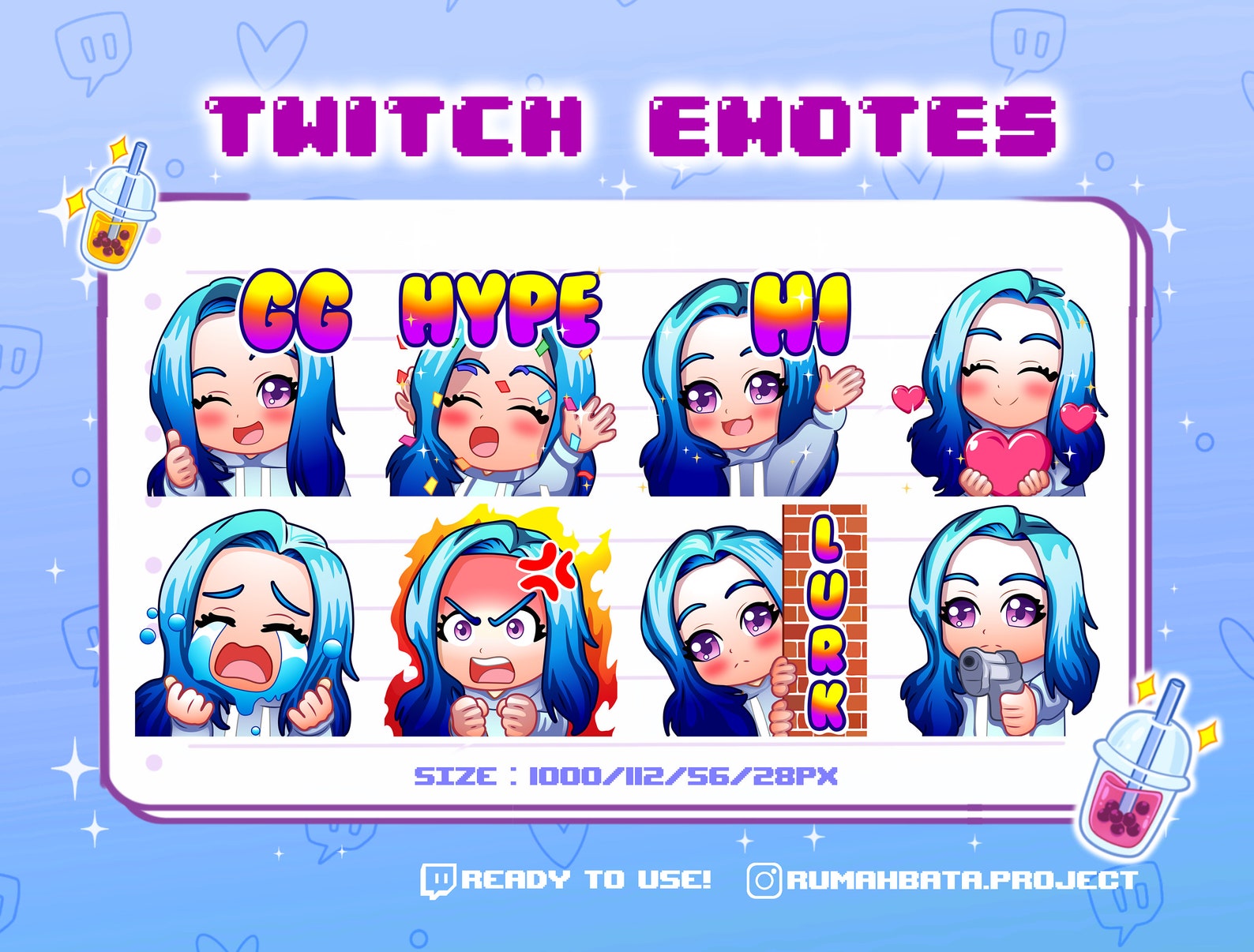 Chibi Girl Emotes Blue Hair Purple Eyes Light Blue - Etsy