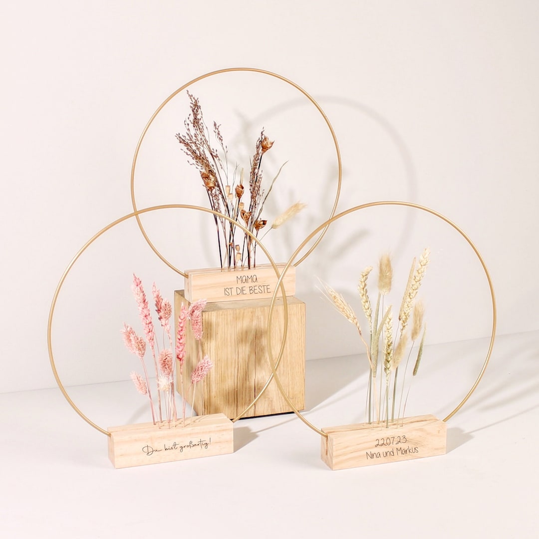 Personalized Gold Decoration Ring With Holder and Dried Flowers as a ...