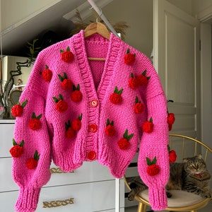 Pink Retro Cardigan,chunky Cropped Cardigan for Woman,pink Sweater With ...