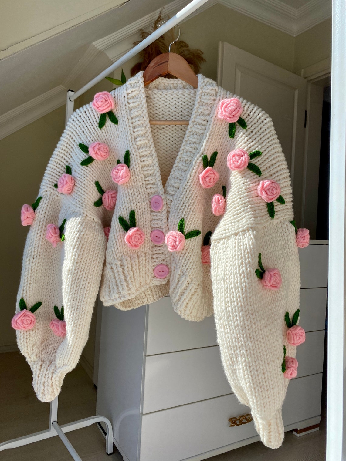 Leilayca Pink Roses Cardigan Chunky Cropped Cardigan for - Etsy