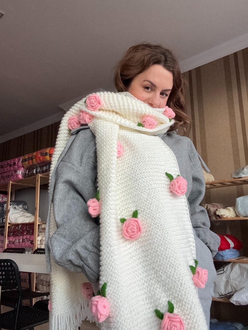 Pink Rose Scarf Oversized Chunky Blanket Wrap Handmade Long Knit Scarf ...