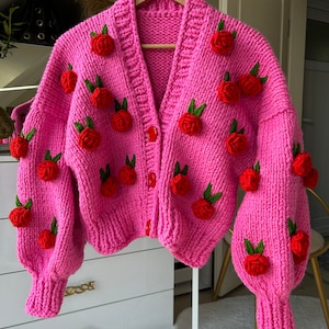 Pink Retro Cardigan,chunky Cropped Cardigan for Woman,pink Sweater With ...