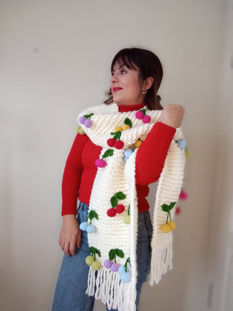 Leilayca ,cherry Scarf,long Chunky Scarf, Hand Knitted Oversized Warm ...