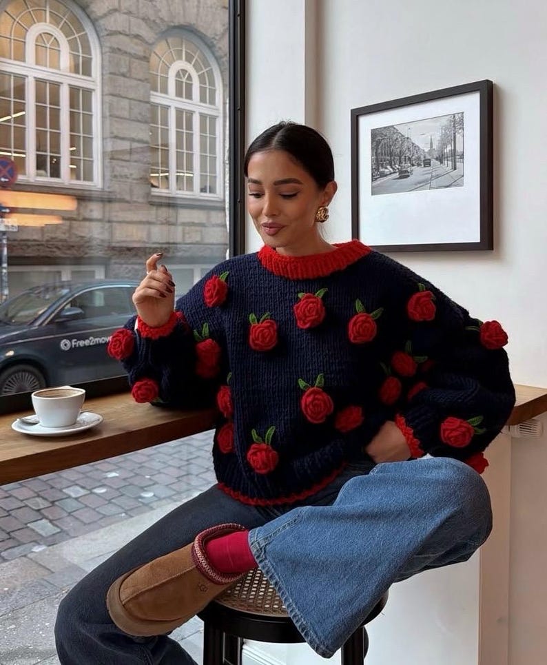 Leilayca Handmade Navy Blue Sweater With Red Roses,handmade Floral Knit ...