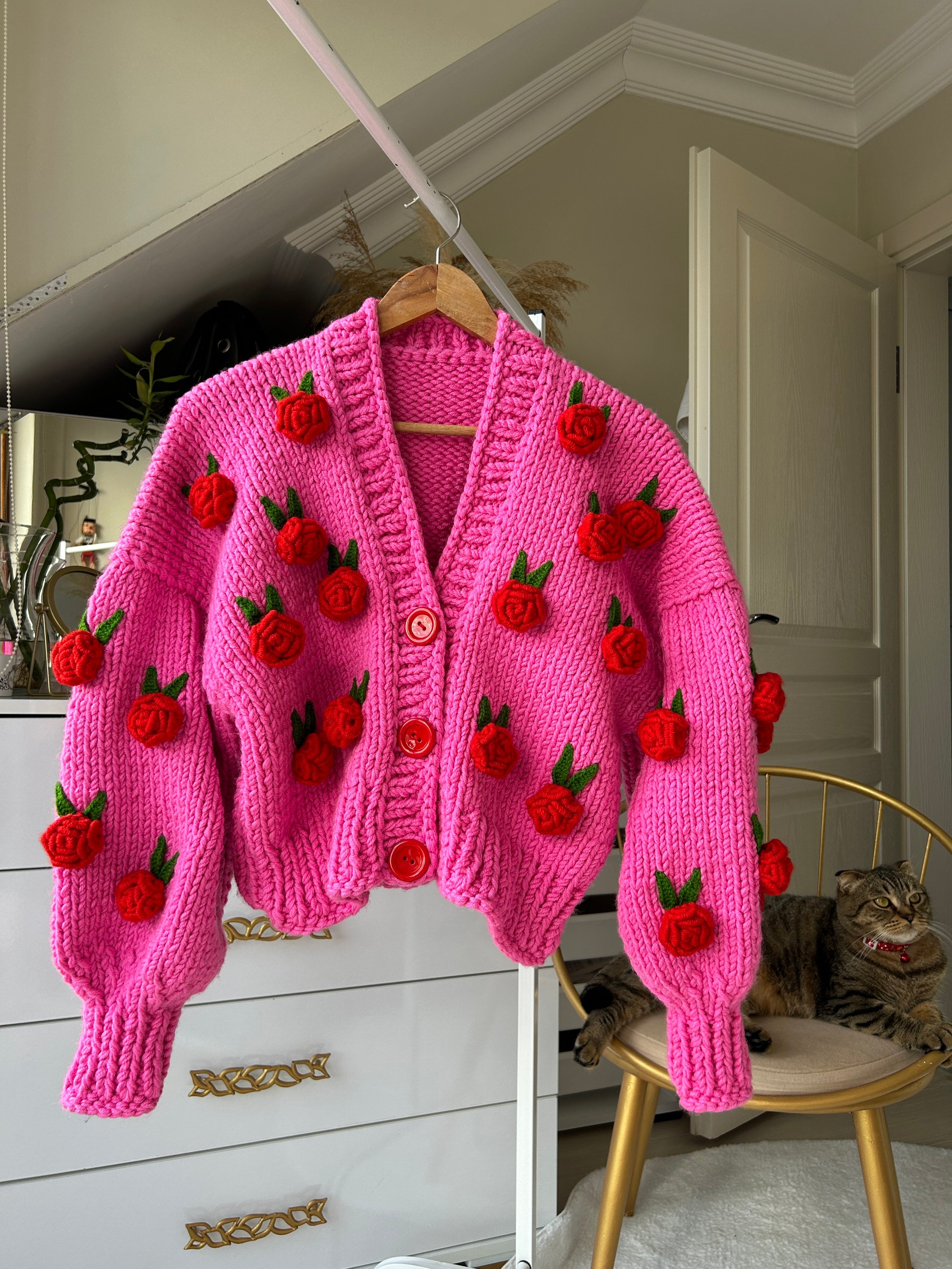 Pink Retro Cardiganchunky Cropped Cardiganfor Womanpink - Etsy