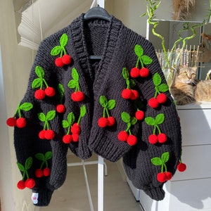 Leilayca, Black Cherry Knit Cardigan , 3d Red Cherry Embroidered Knit ...