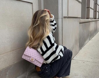 Leilayca Balloon Sleeve Black and White Striped Sweater Crop Leilayca Balloon Sleeve Black and White Striped Sweater Crop