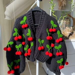 Leilayca, Black Cherry Knit Cardigan , 3d Red Cherry Embroidered Knit ...