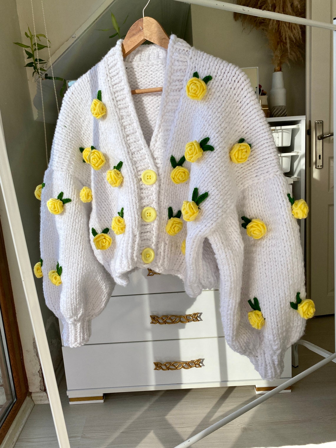 Leilayca Yellow Rose Cardigan , Chunky Cropped Cardigan for Woman ...