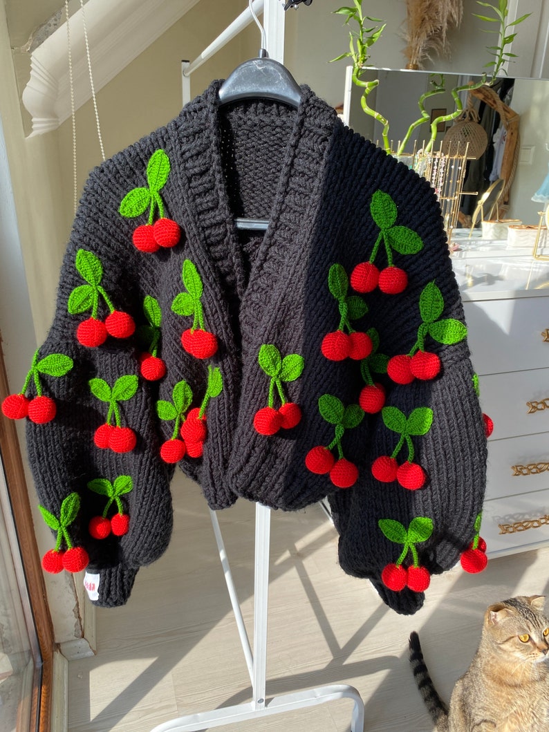 Leilayca Black Cherry Knit Cardigan 3d Red Cherry - Etsy