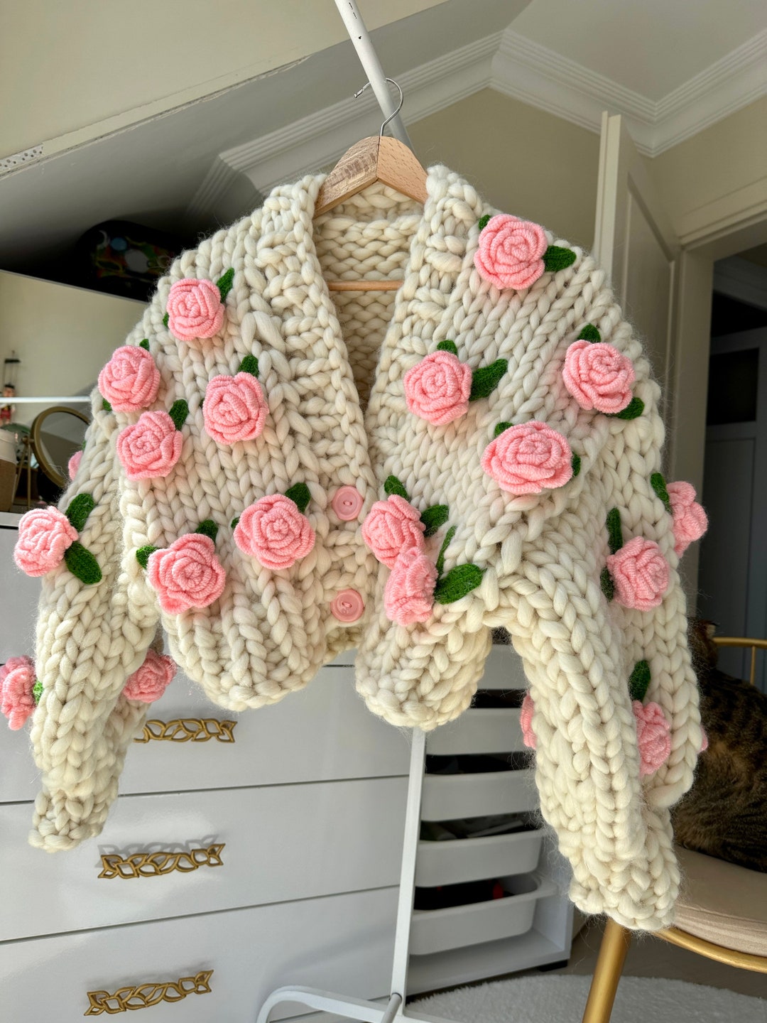 Leilayca Big Pink Roses Cardigan Chunky Cropped Cardigan for - Etsy