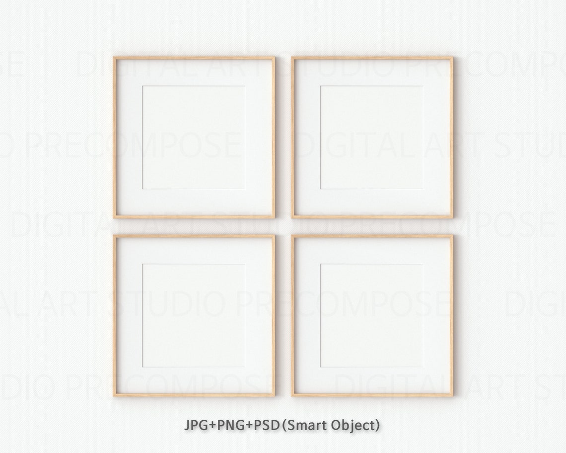Four Square Wood Frames Mockup on Real Wall, JPG PNG PSD Smart Object ...