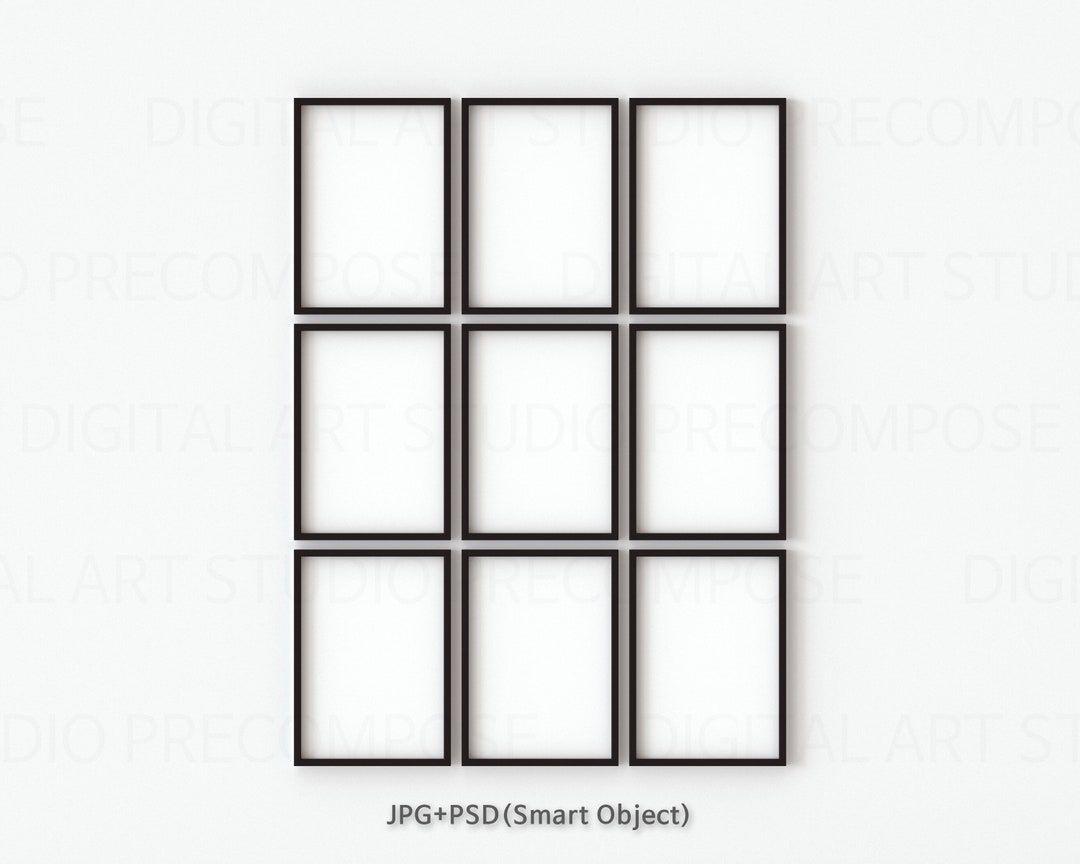 A4 Vertical Nine Frames Mockup, JPG PSD Smart Object, Gallary Wall ...
