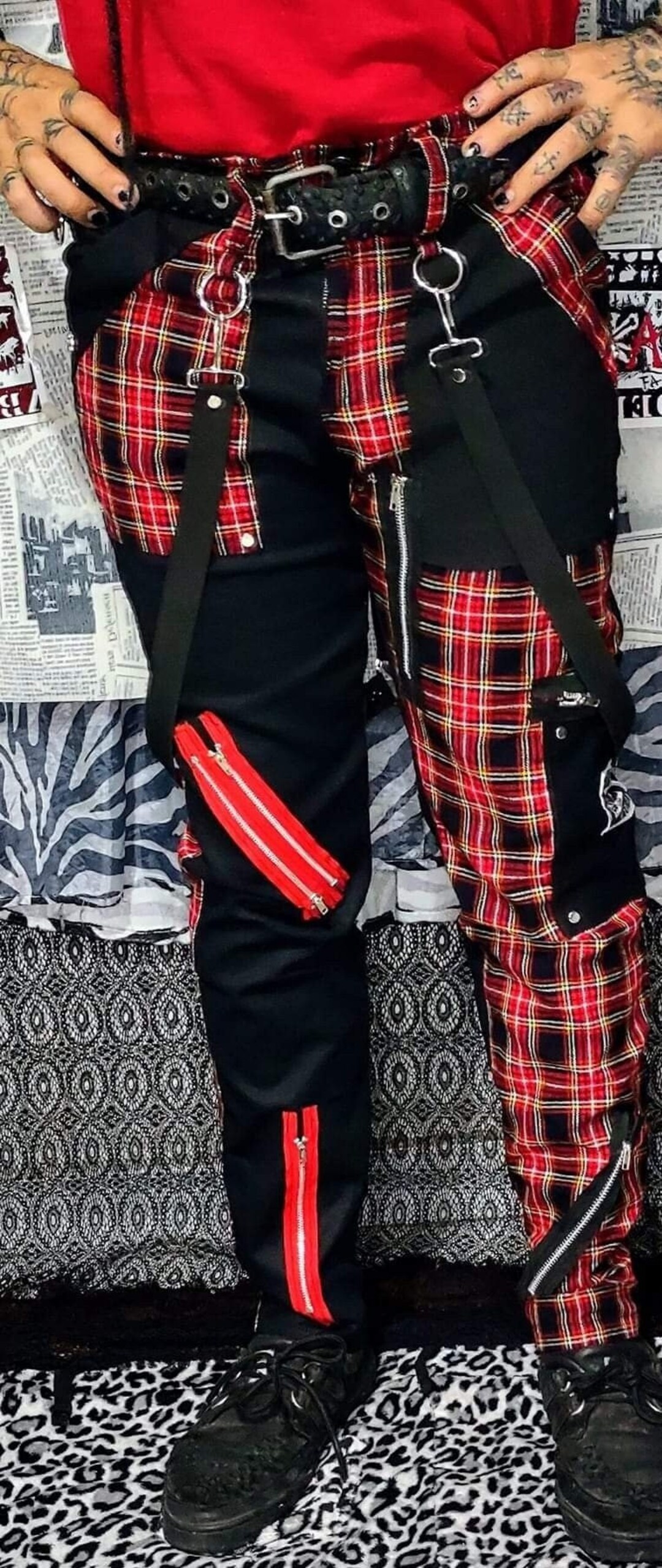 Red and Black Bicolor Plaid Punk Pants - Etsy