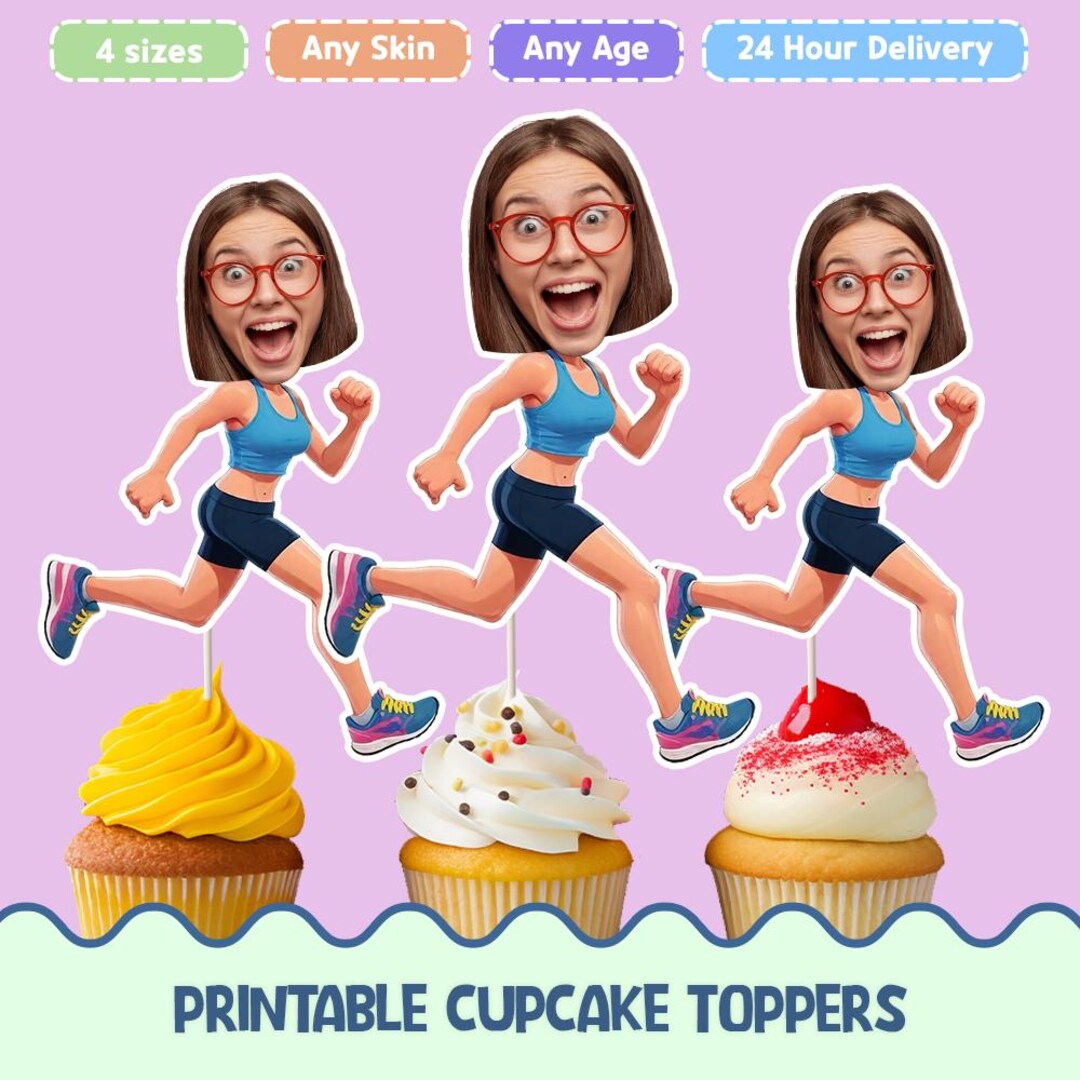 Personalized Marathon Runner Girl Face Cupcake Toppers - Digital ...