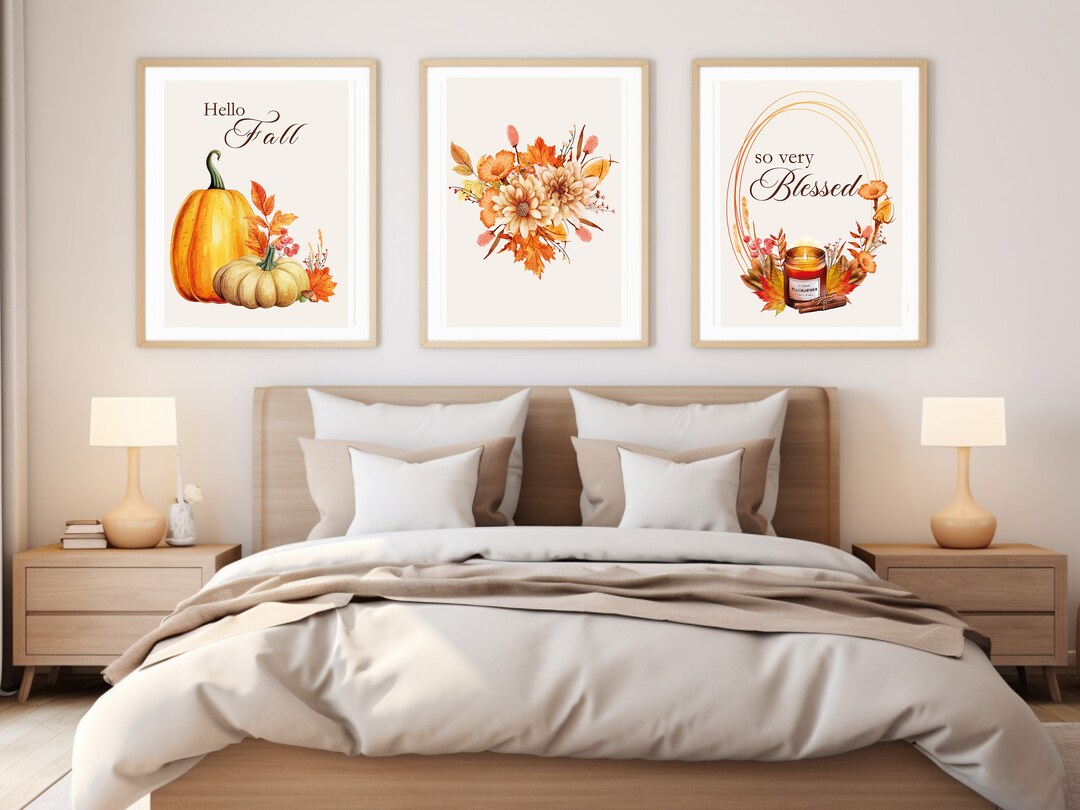 Hello Fall! 3-piece Wall Art Set With Pumpkins and Autumn Color Flowers ...