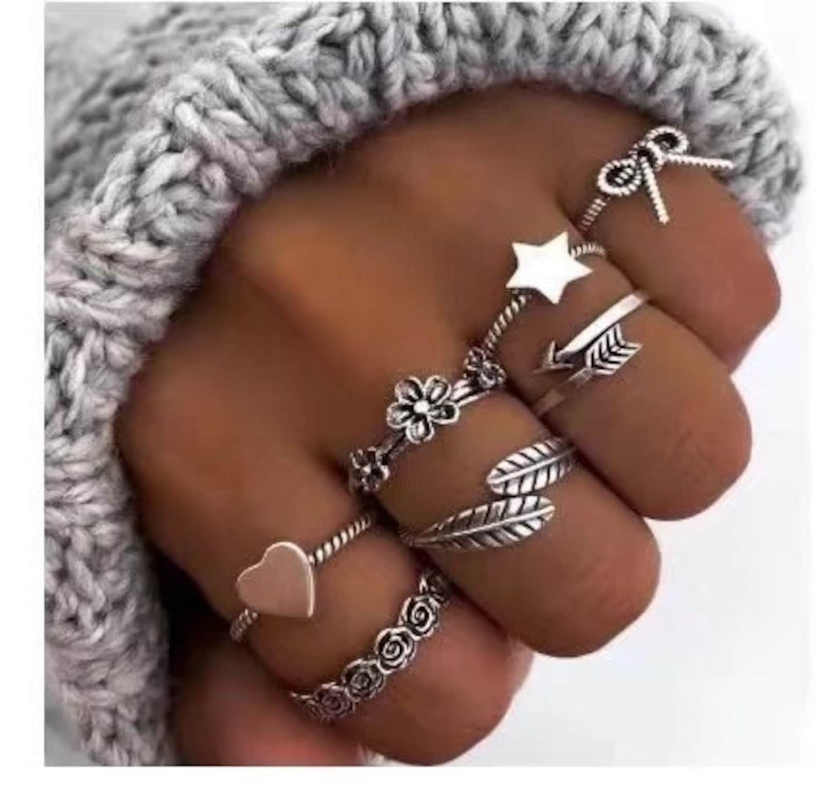 Set of 7 Rings Silver Ring Set Boho Ring Set Knuckle | Etsy