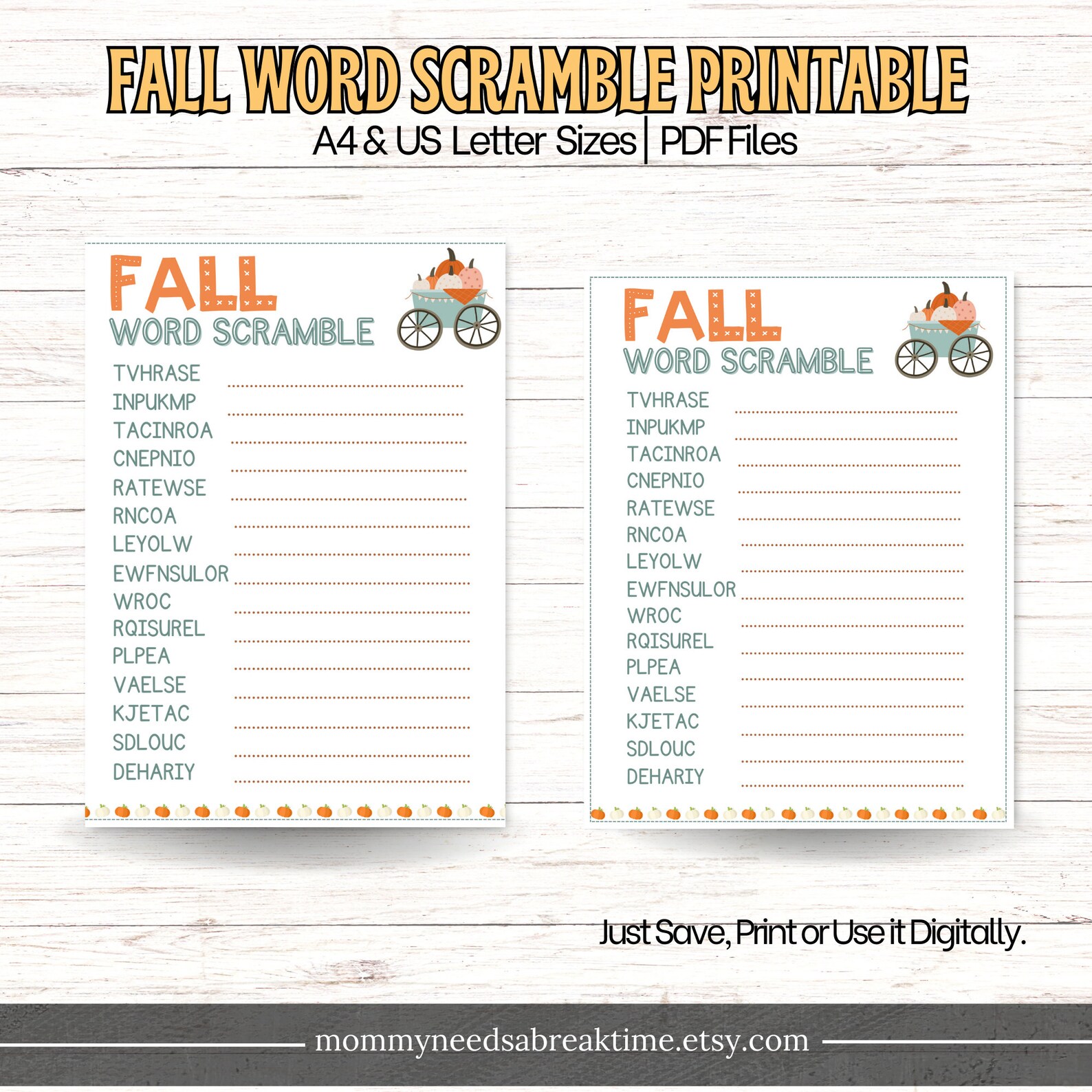 Fall Word Scramble Printable | Kids Word Scramble PDF | Autumn Words ...