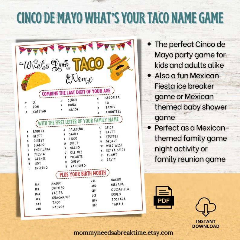 Whats Your Taco Name Fiesta Games Cinco De Mayo Games Fiesta Ice ...