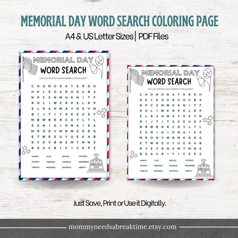 Memorial Day Kids Word Search | Preschool Coloring Montessori Busy Book ...