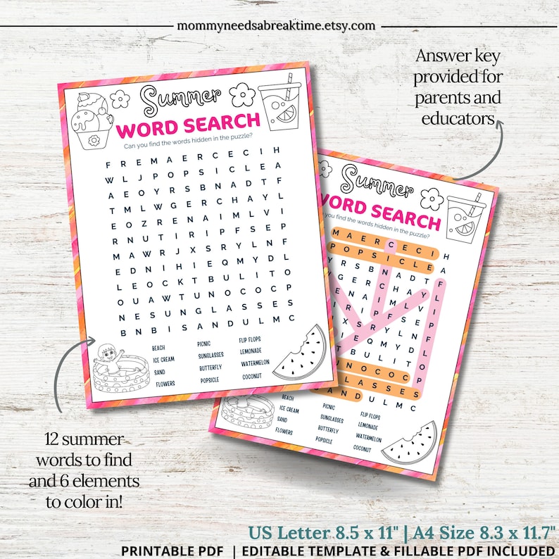 Summer Word Search Preschool Busy Book, Summer Camp Activity Summer ...