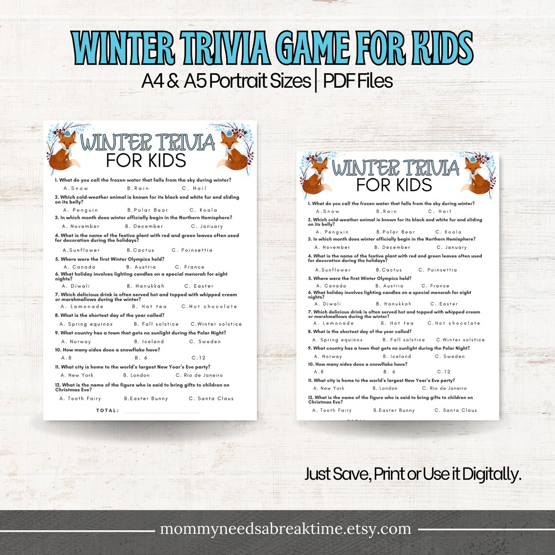 Winter Trivia Game for Kids Holiday Trivia, Christmas Trivia Printable ...