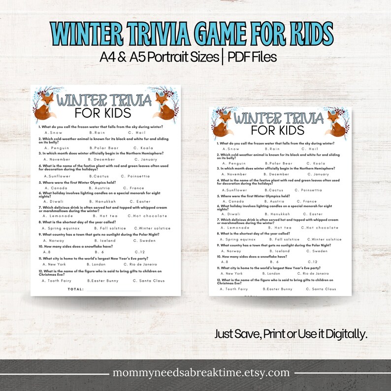 Winter Trivia Game for Kids Holiday Trivia, Christmas Trivia Printable ...