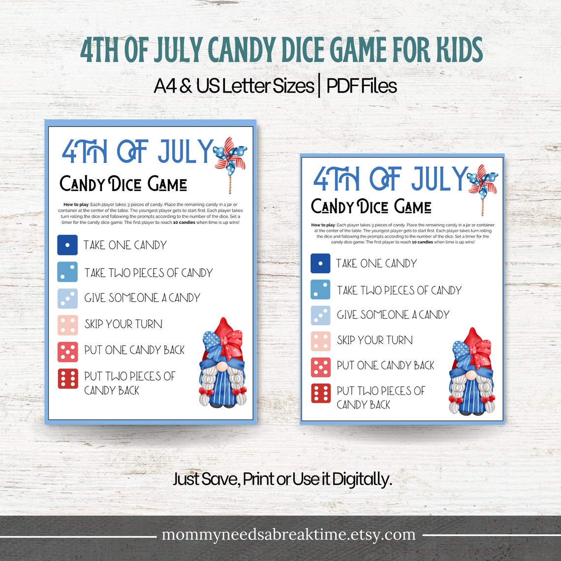 4th of July Candy Dice Printable, 4th of July Games Fourth of July ...