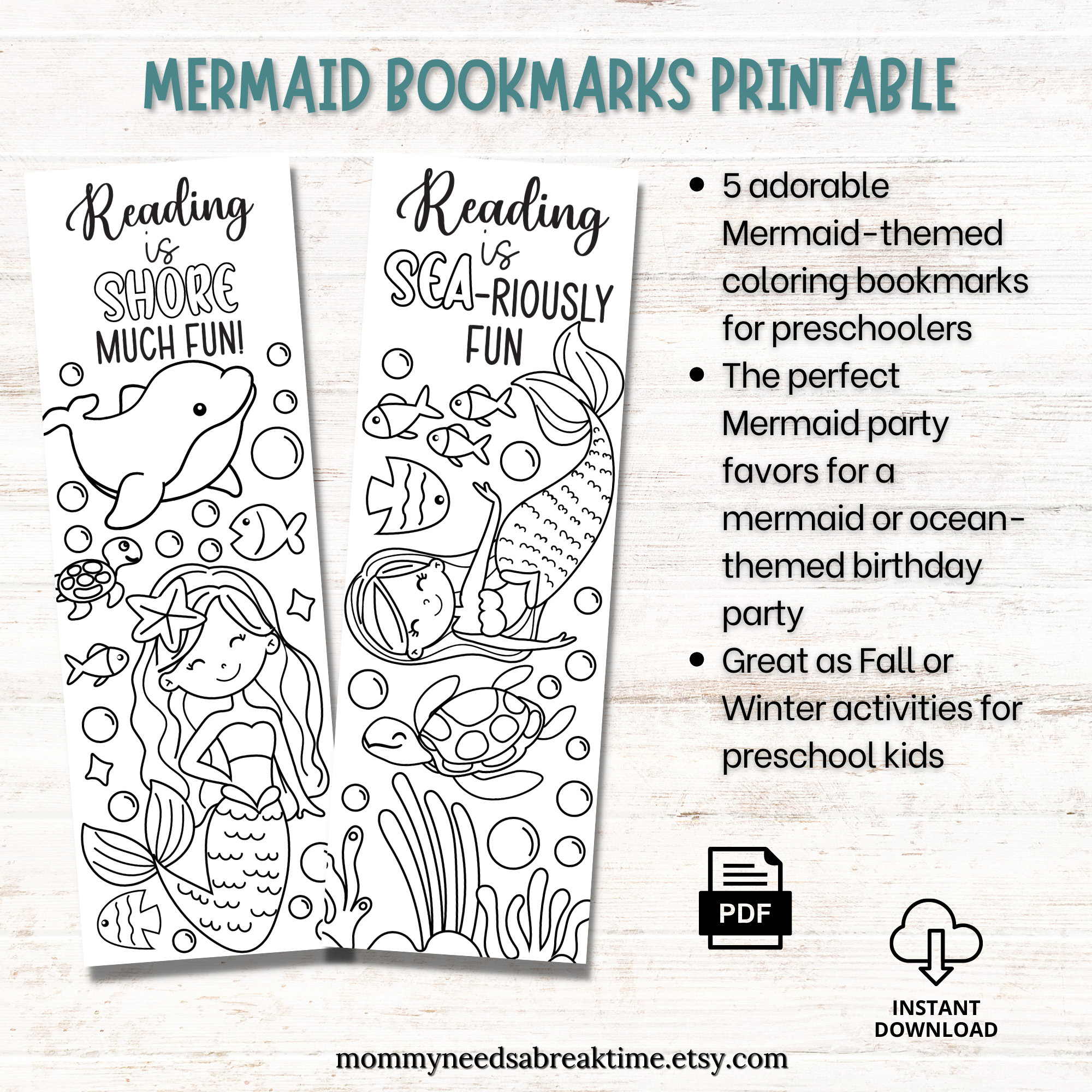 Mermaid Coloring Bookmarks Kids Mermaid Bookmark, Spring Bookmark Fall ...