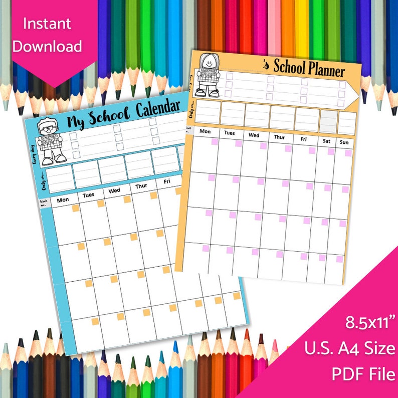 Kids School Printable Planner | Kids School Week Checklist | Back to ...