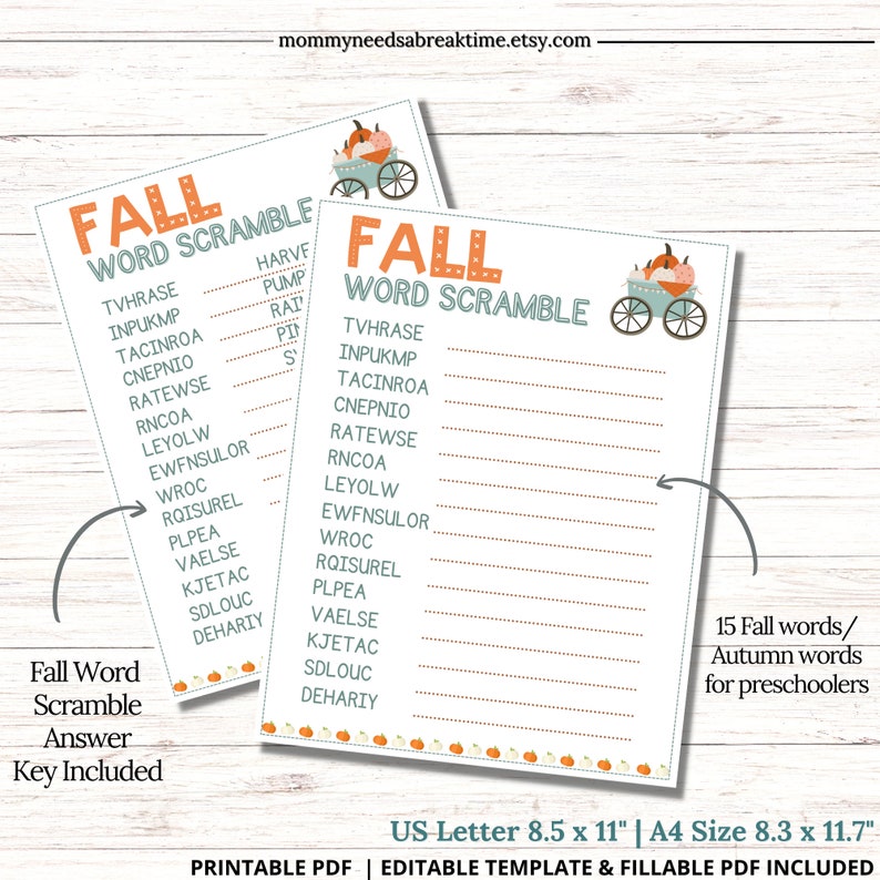 Fall Word Scramble Printable | Kids Word Scramble PDF | Autumn Words ...