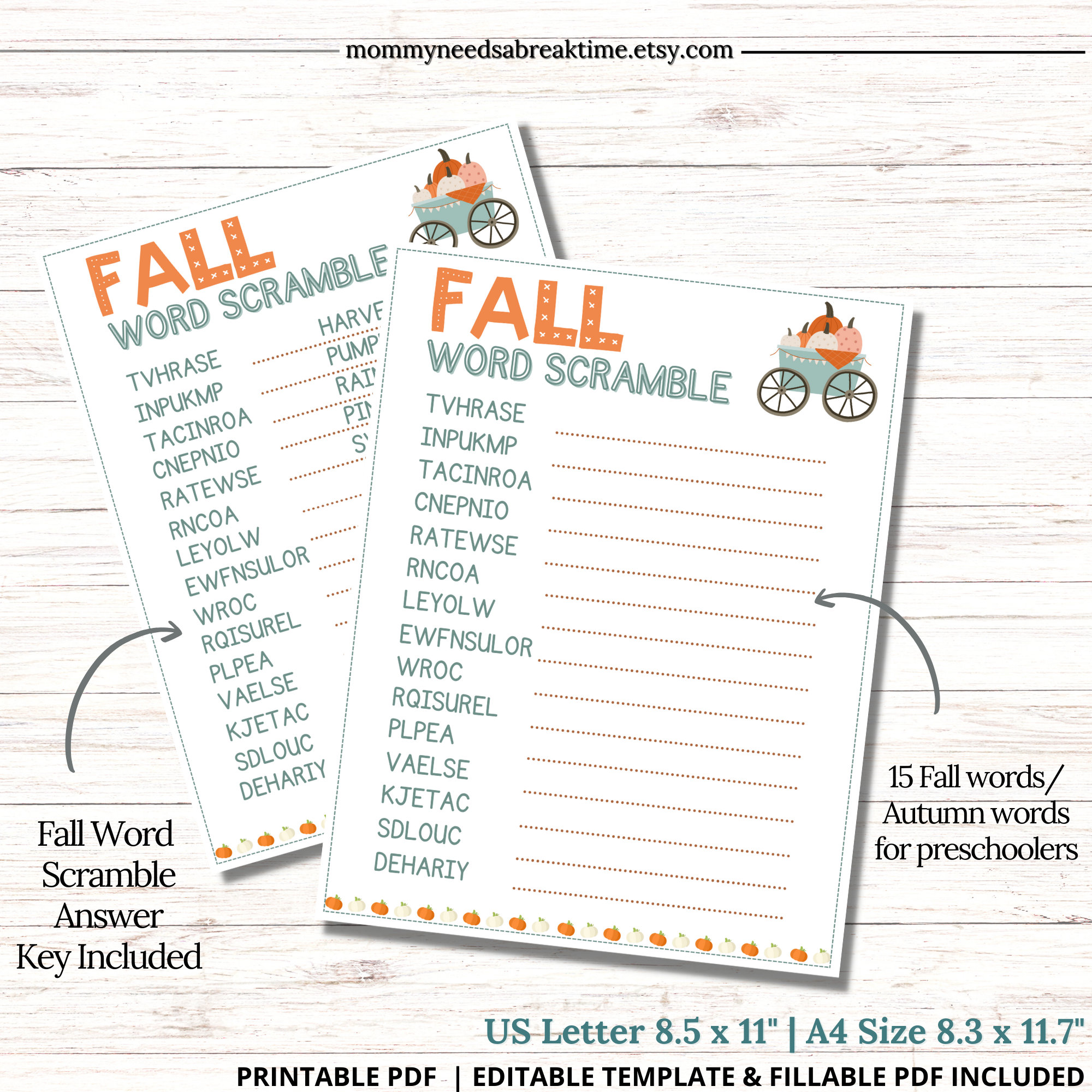 Fall Word Scramble Printable | Kids Word Scramble PDF | Autumn Words ...