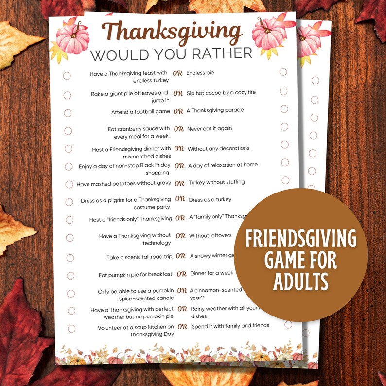 Would You Rather Thanksgiving Game, Fillable Friendsgiving Games Would ...