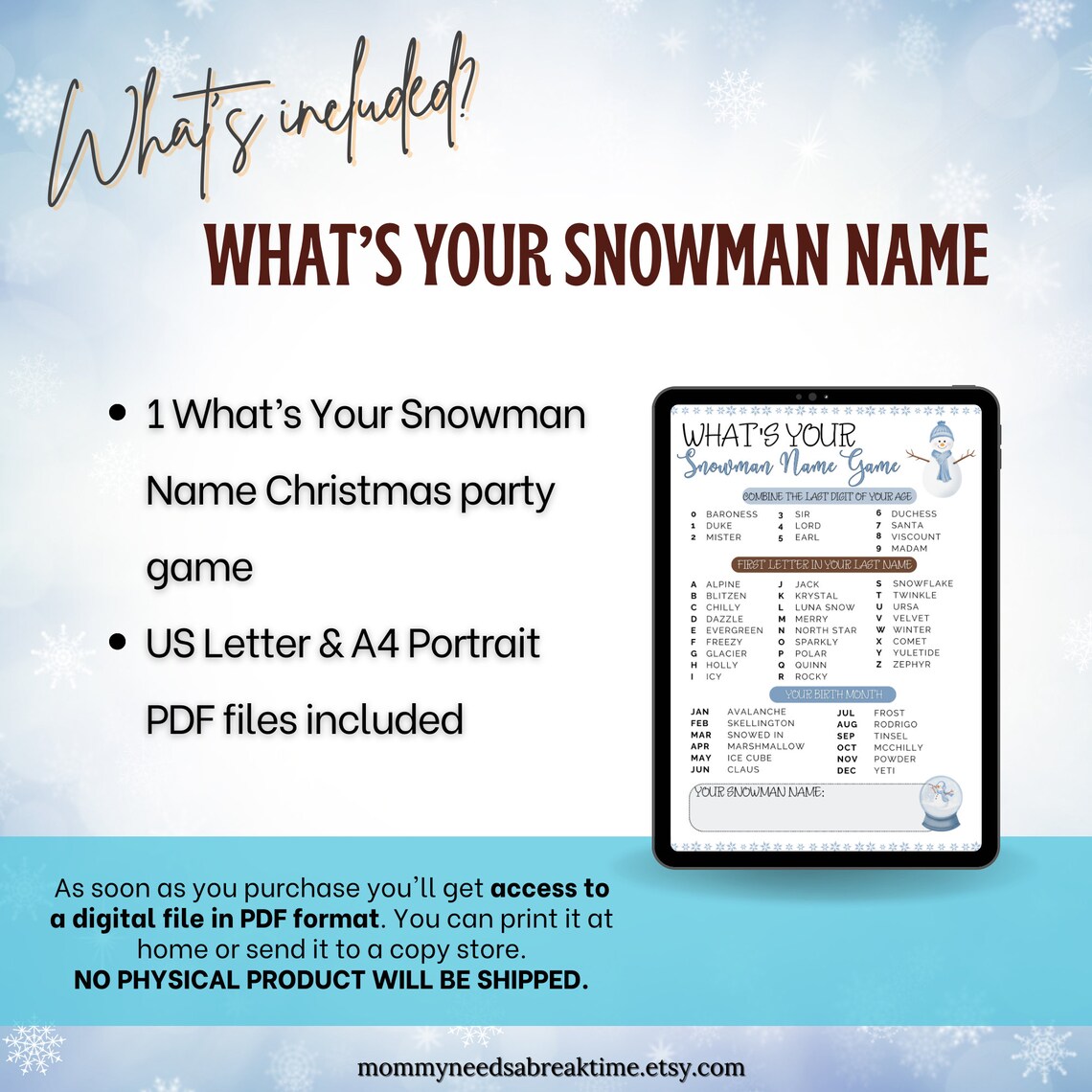 Whats Your Snowman Name, Winter Word Games, Snowman Activities ...
