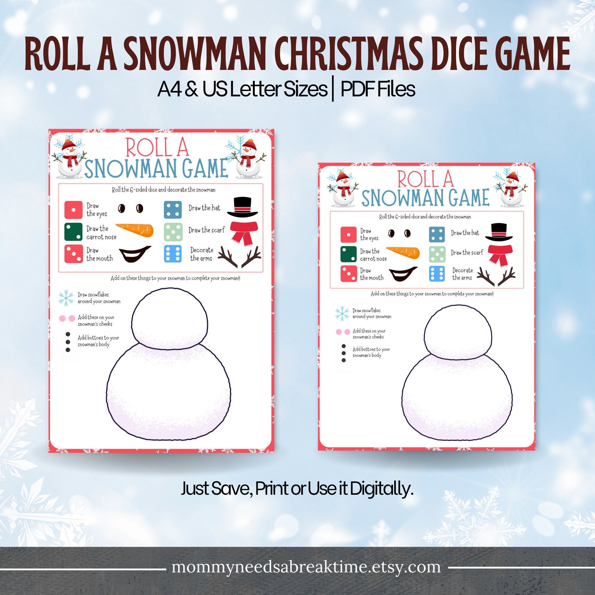 Roll A Snowman Game Christmas Dice Game | Printable Christmas Game ...